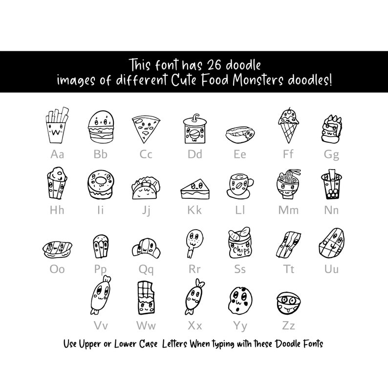 Cute Food Monsters Doodle Fonts, Instant File Otf, Ttf Font Download ...