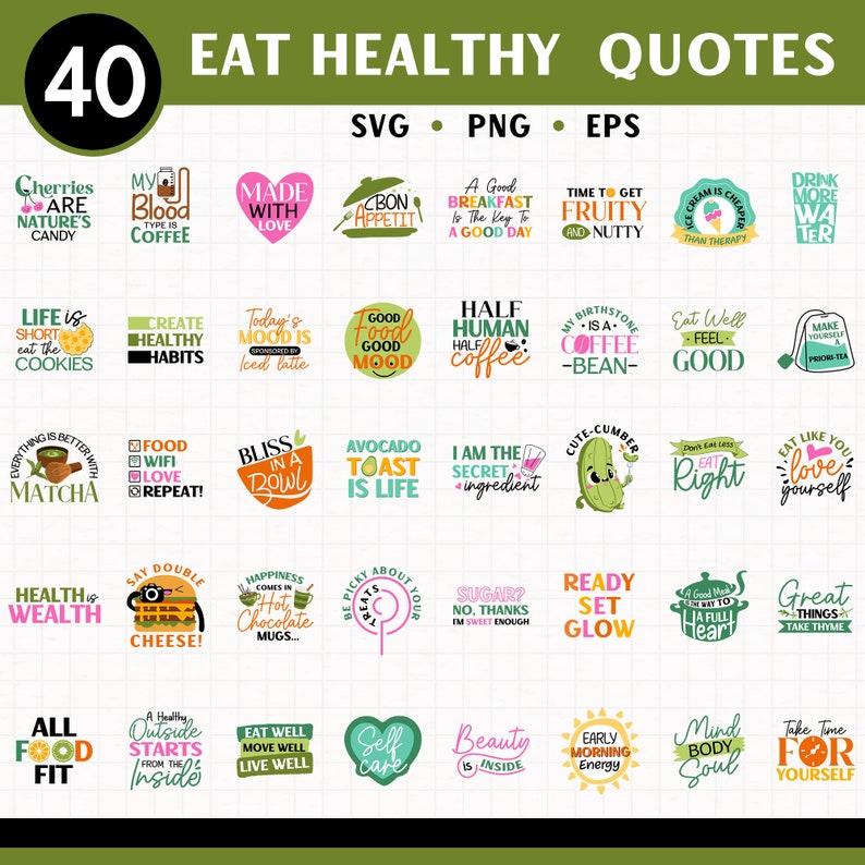 Eat Healthy Quotes SVG Bundle: Inspirational Clipart (digital Download ...