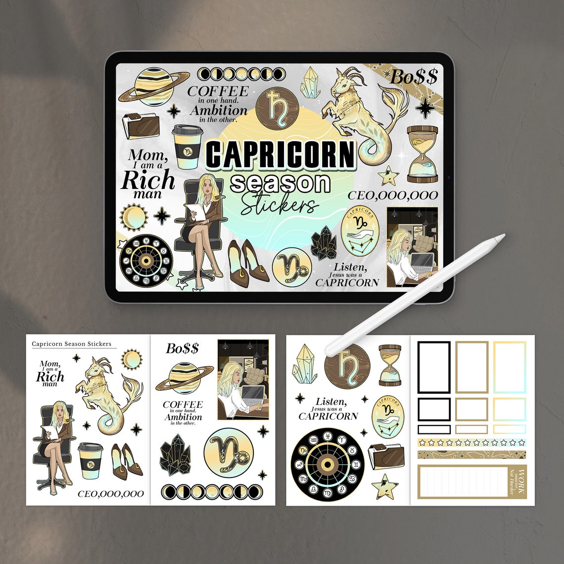 Capricorn Zodiac Stickers: 35 PNG Astrology Planner Clipart (digital ...