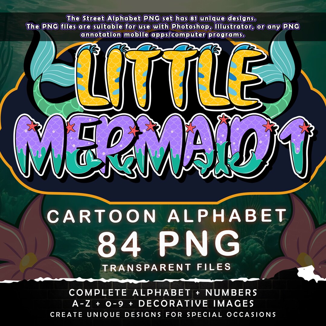 Little Mermaid Graffiti Font: 84 PNG Alphabet Clipart (digital Download ...