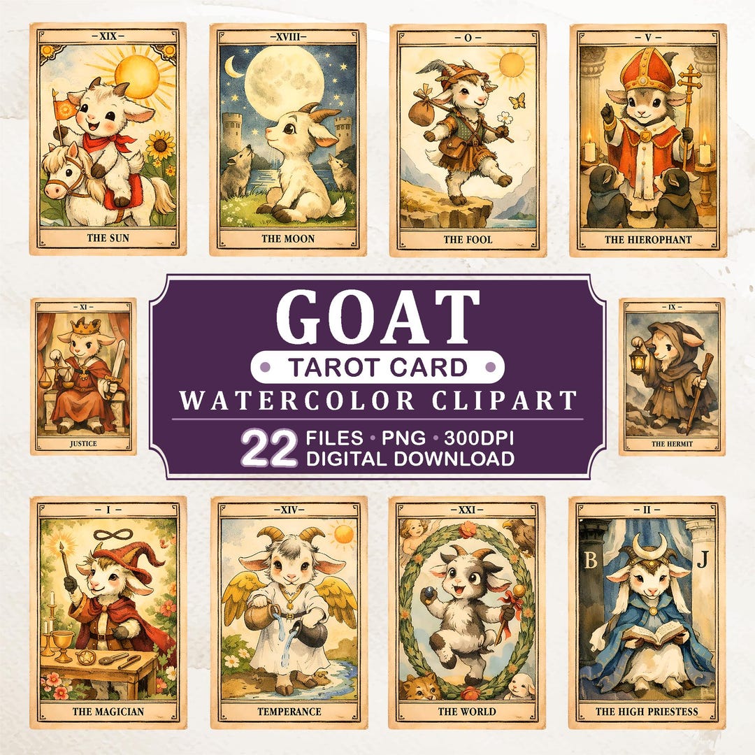Goat Tarot Cards Watercolor Clipart, 22 PNG Cute Mystic Goat, Tarot ...