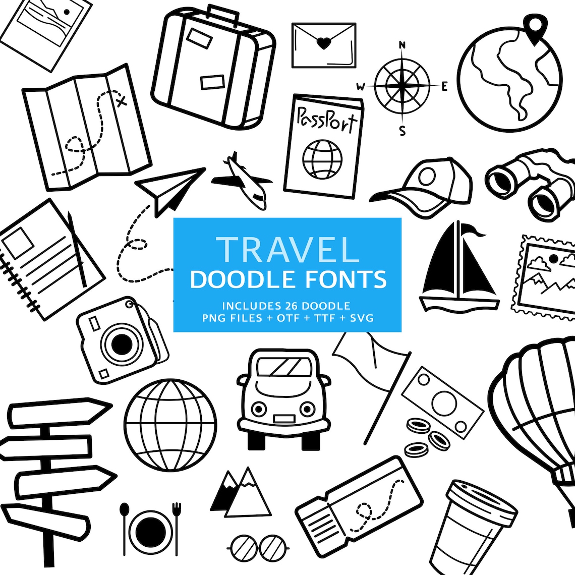 Travel Doodle Fonts, Instant File Otf, Ttf Font Download, Digital Font ...