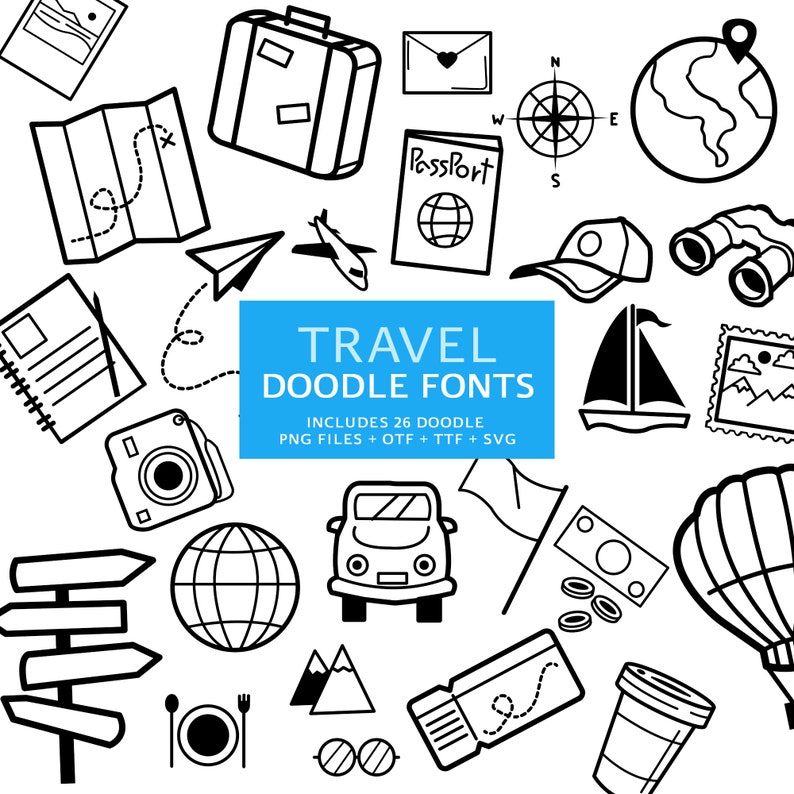 Travel Doodle Fonts, Instant File Otf, Ttf Font Download, Digital Font ...