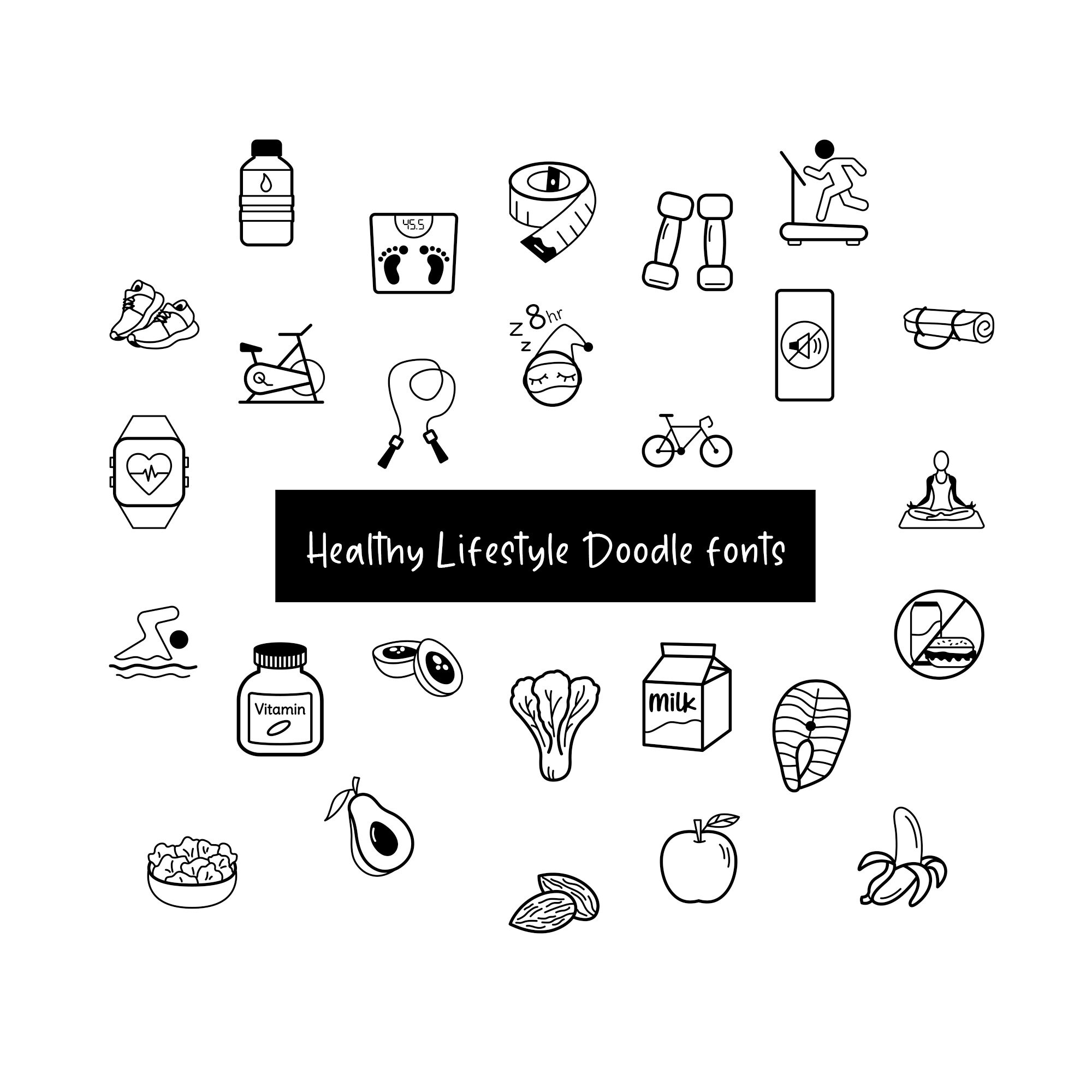 Healthy Lifestyle Doodle Font: 26 PNG & Vector Clipart (digital ...