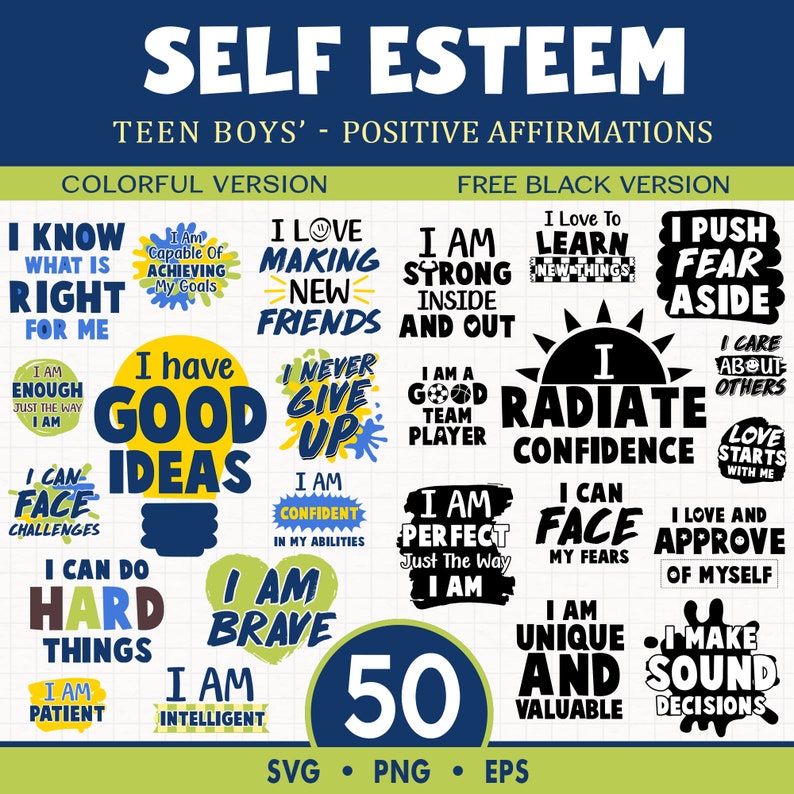 50 Teen Boys’ Self-esteem Quotes SVG Bundle, Colorful and Black Version ...