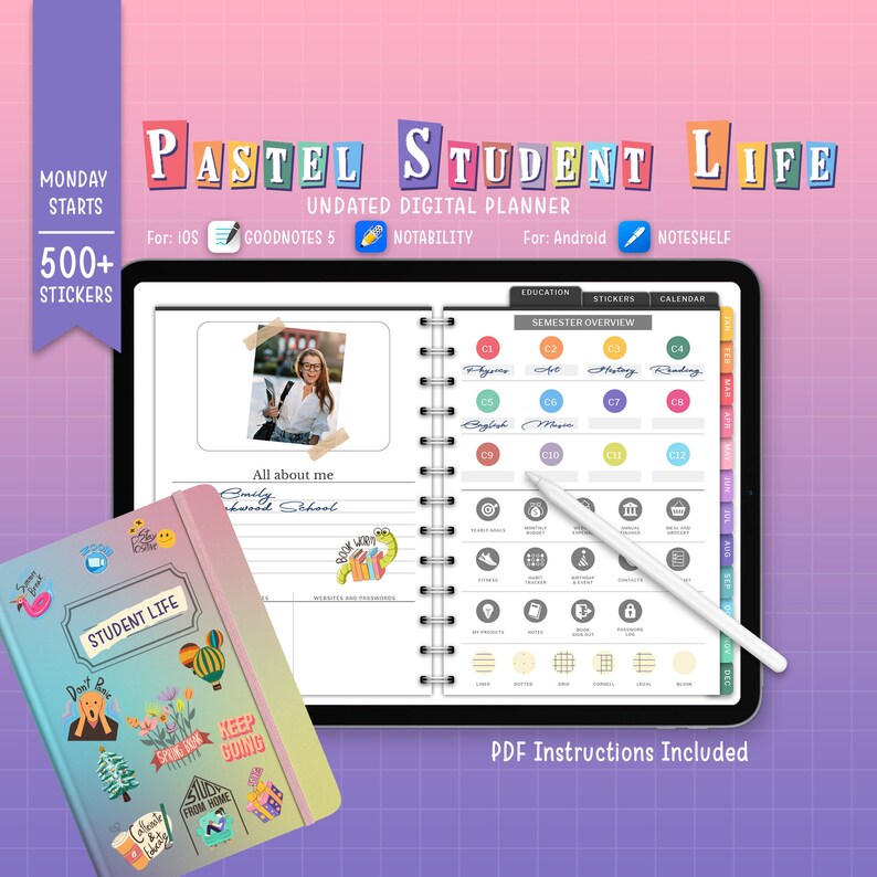 Pastel Student Life Digital Planner: Undated, Hyperlinked (PDF) - Etsy