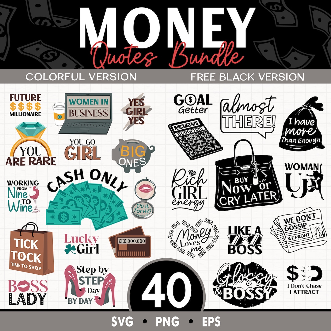 40 Money Quotes SVG Bundle, Colorful and Black Version, Inspirational ...