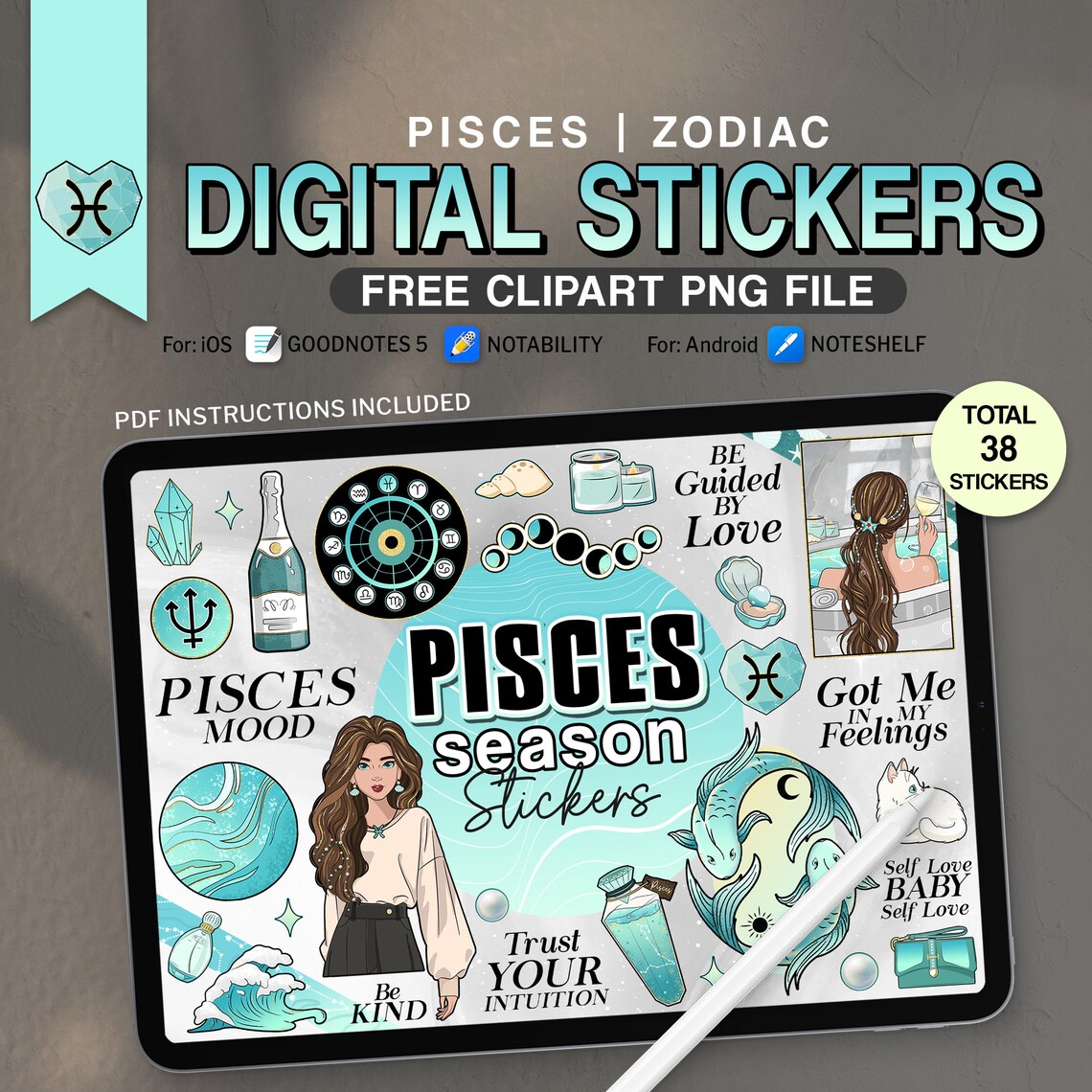 Pisces Season Digital Stickers: Astrology Planner Clipart (38 PNG ...