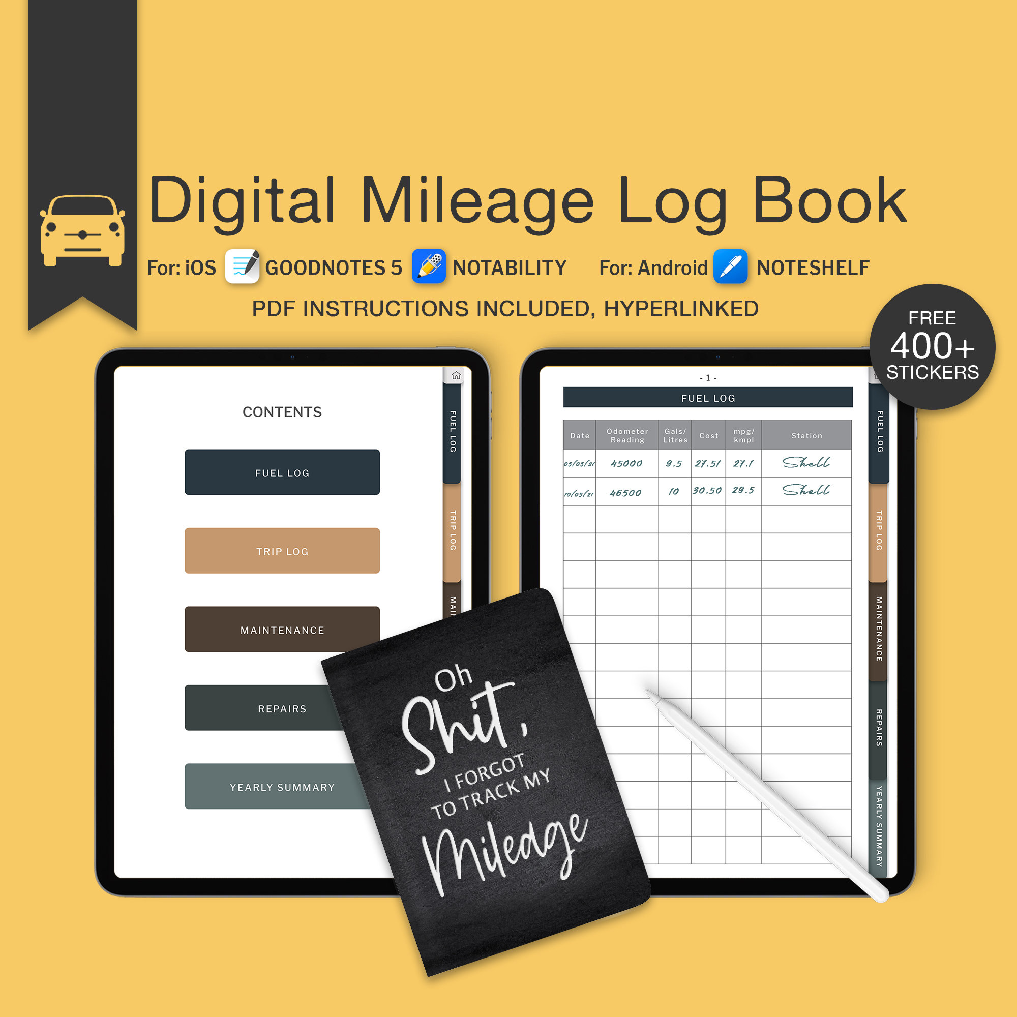 Digital Mileage Log, Vehicle Maintenance Tracker, Car Trip Odometer ...