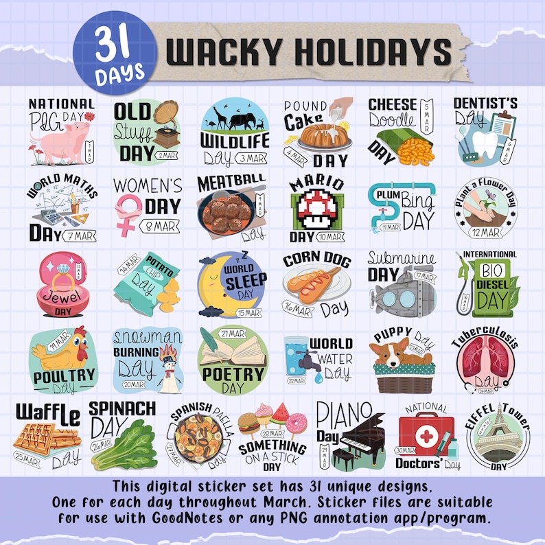 March Wacky Holidays Sticker, 25 Png Funny Awareness Digital Planner ...