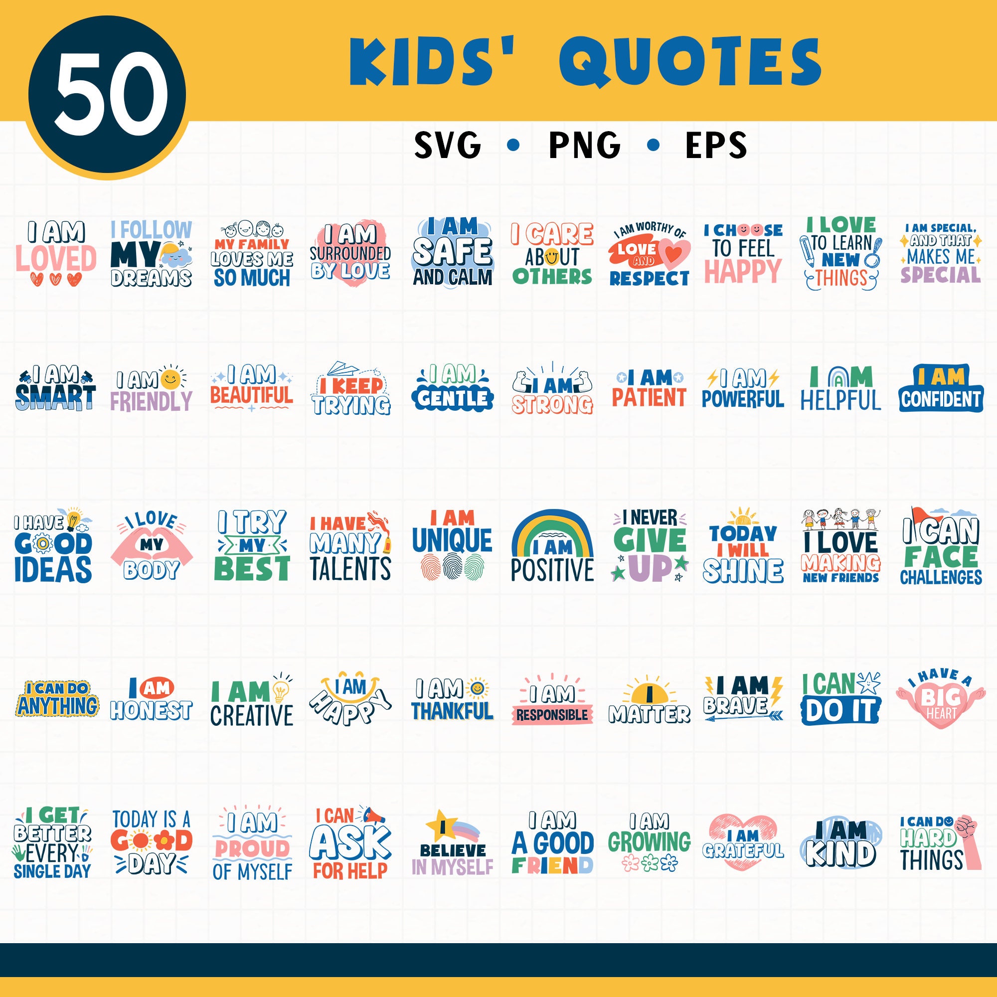 50 Teen Kids’ Self-esteem Quotes SVG Bundle, Colorful and Black Version ...