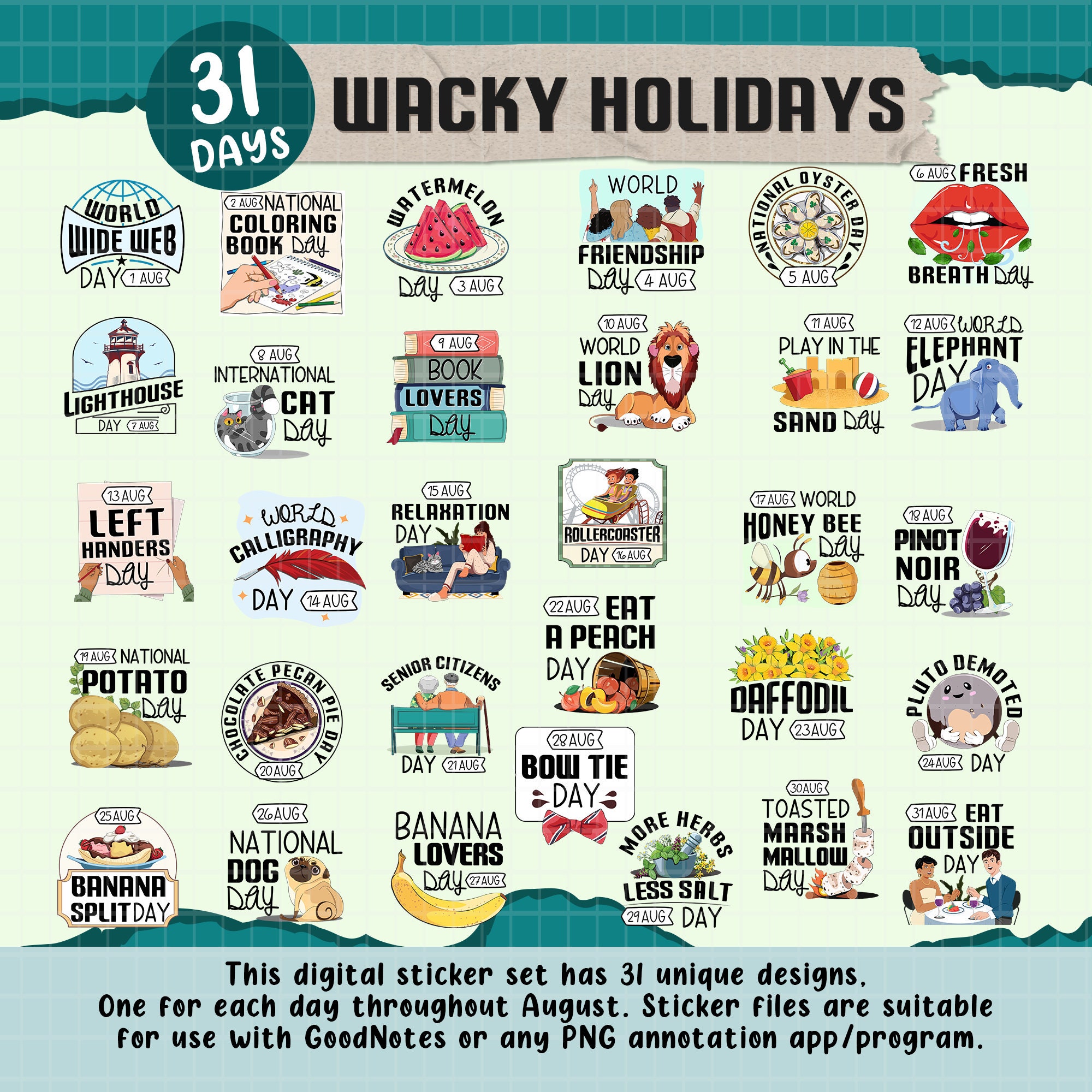 August Wacky Holidays Sticker, 25 Png Funny Awareness Digital Planner ...