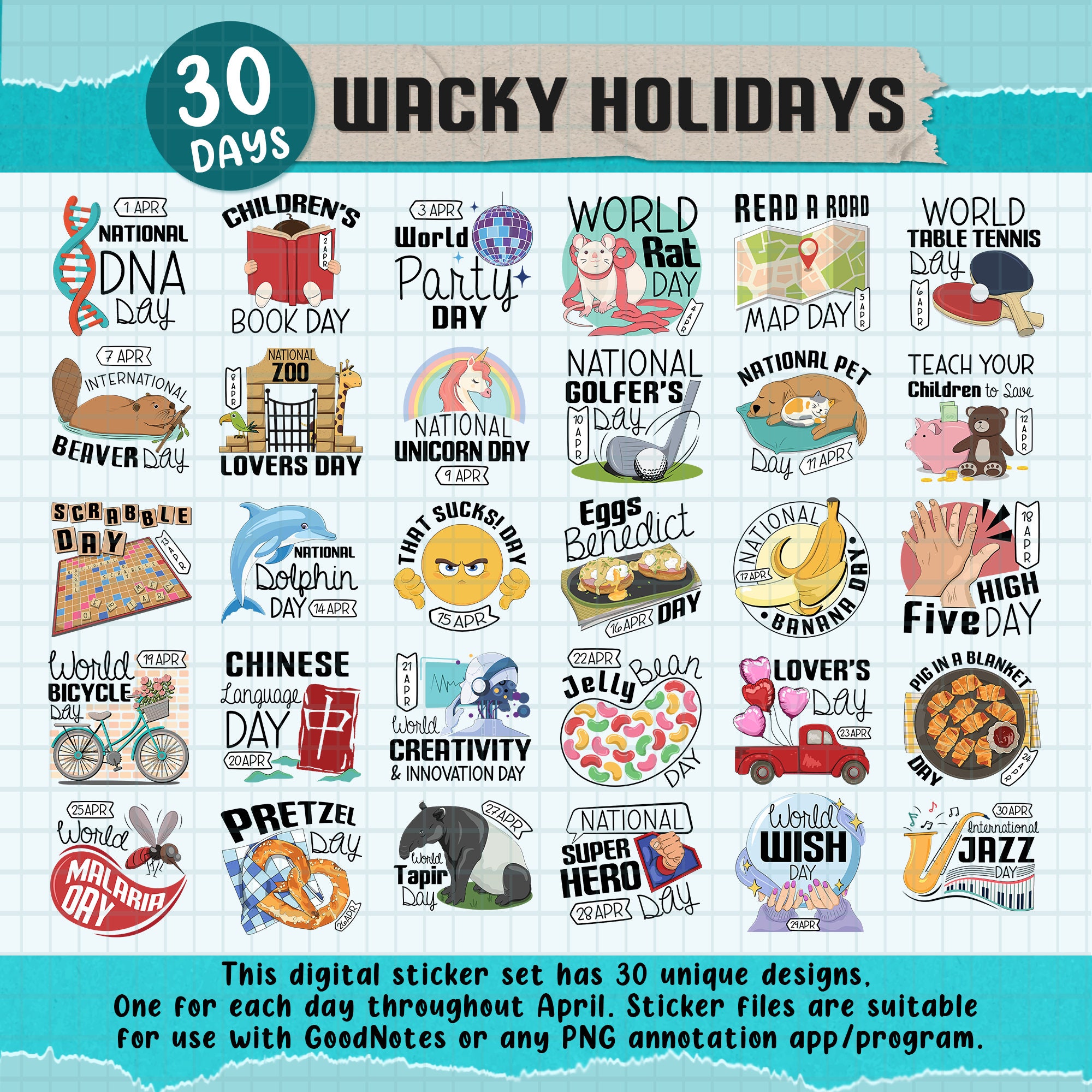 April Wacky Holidays Sticker, 25+ Png Funny Awareness Digital Planner ...