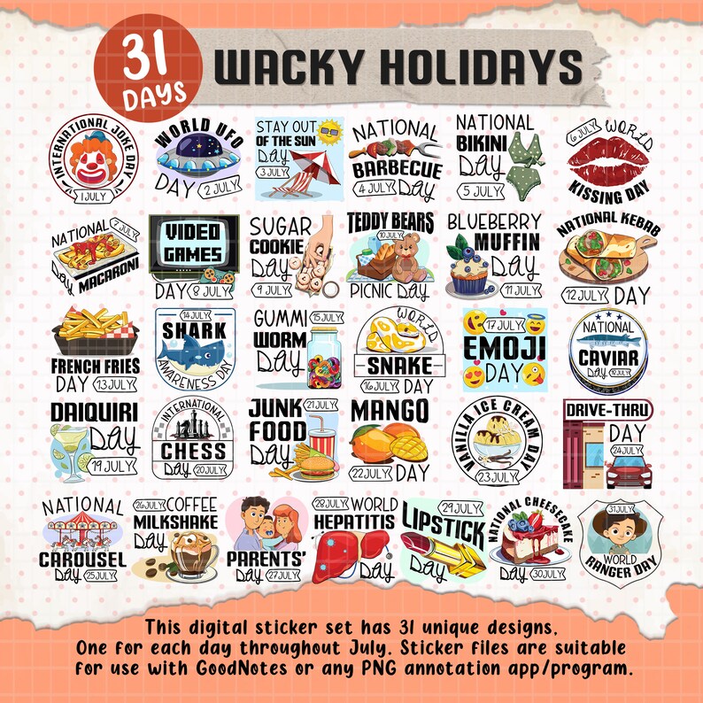 July Wacky Holidays Sticker, 25+ Png Funny Awareness Digital Planner ...