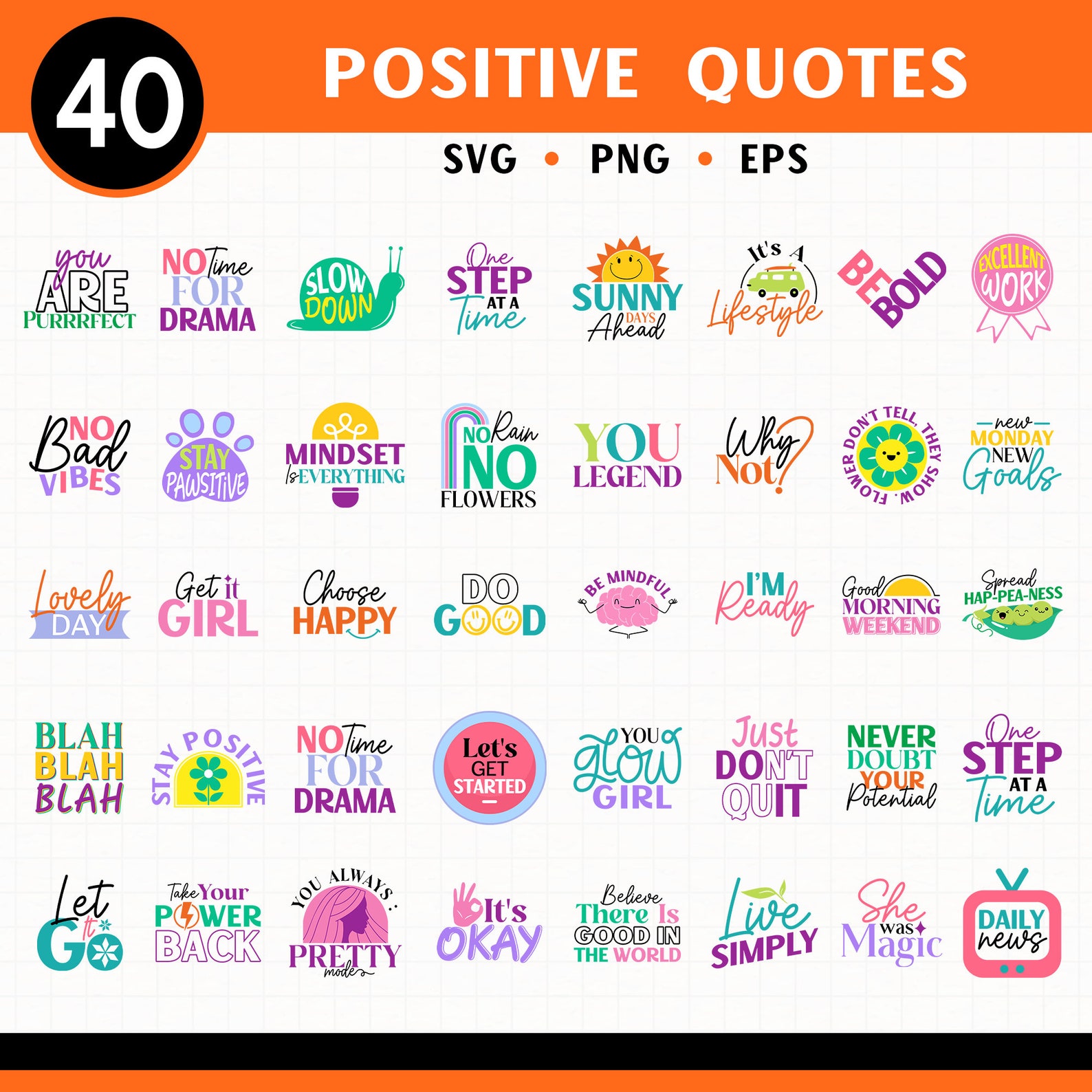 Positive Quotes SVG Bundle, Colorful and Black Version, Inspirational ...
