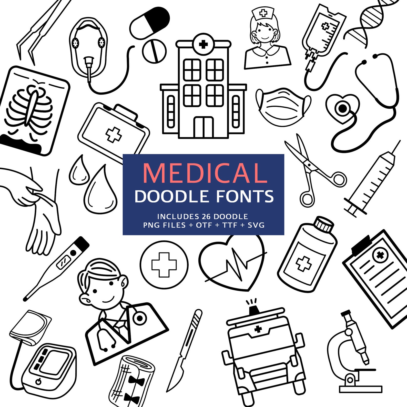 Medical Doodle Fonts, Instant File Otf, Ttf Font Download, Health ...