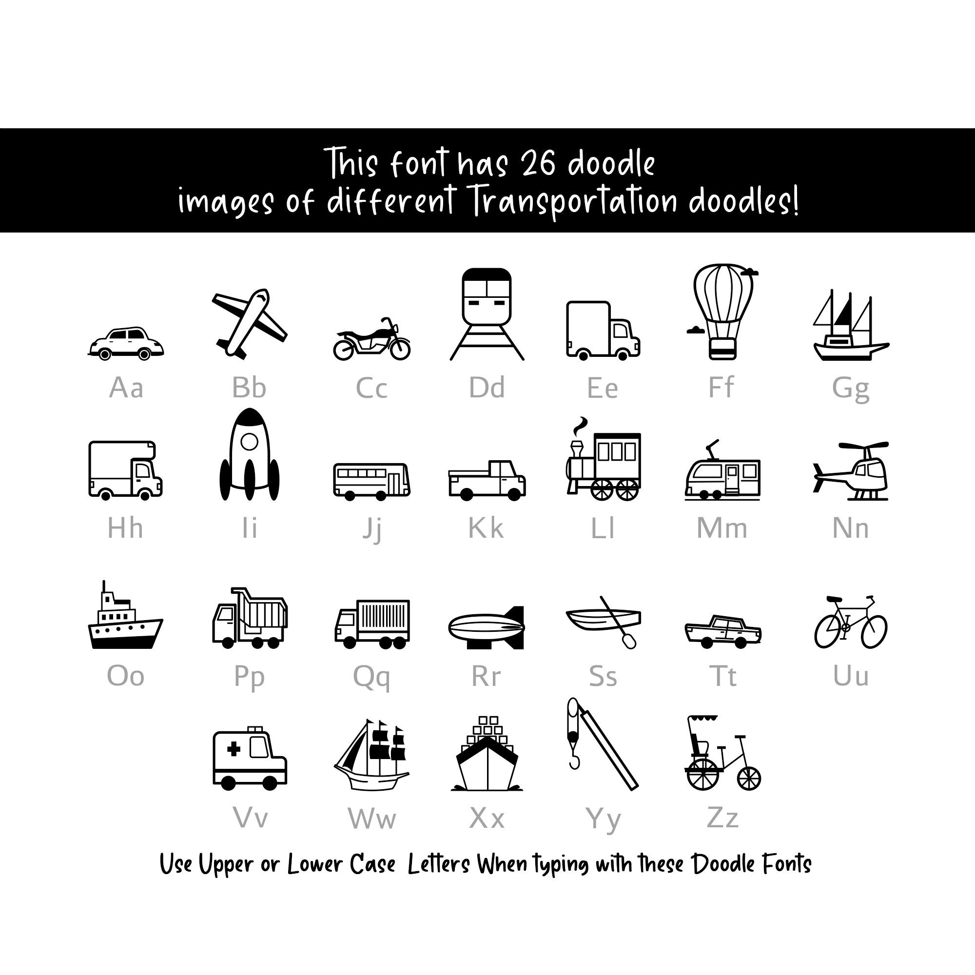 Transportation Doodle Font, Clipart A-Z (otf, Ttf, Png, Svg) Digital ...