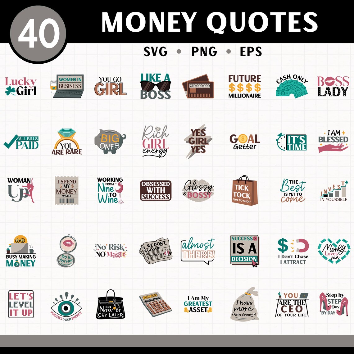 Money Quotes SVG Bundle: Inspirational Clipart, Sublimation Designs ...