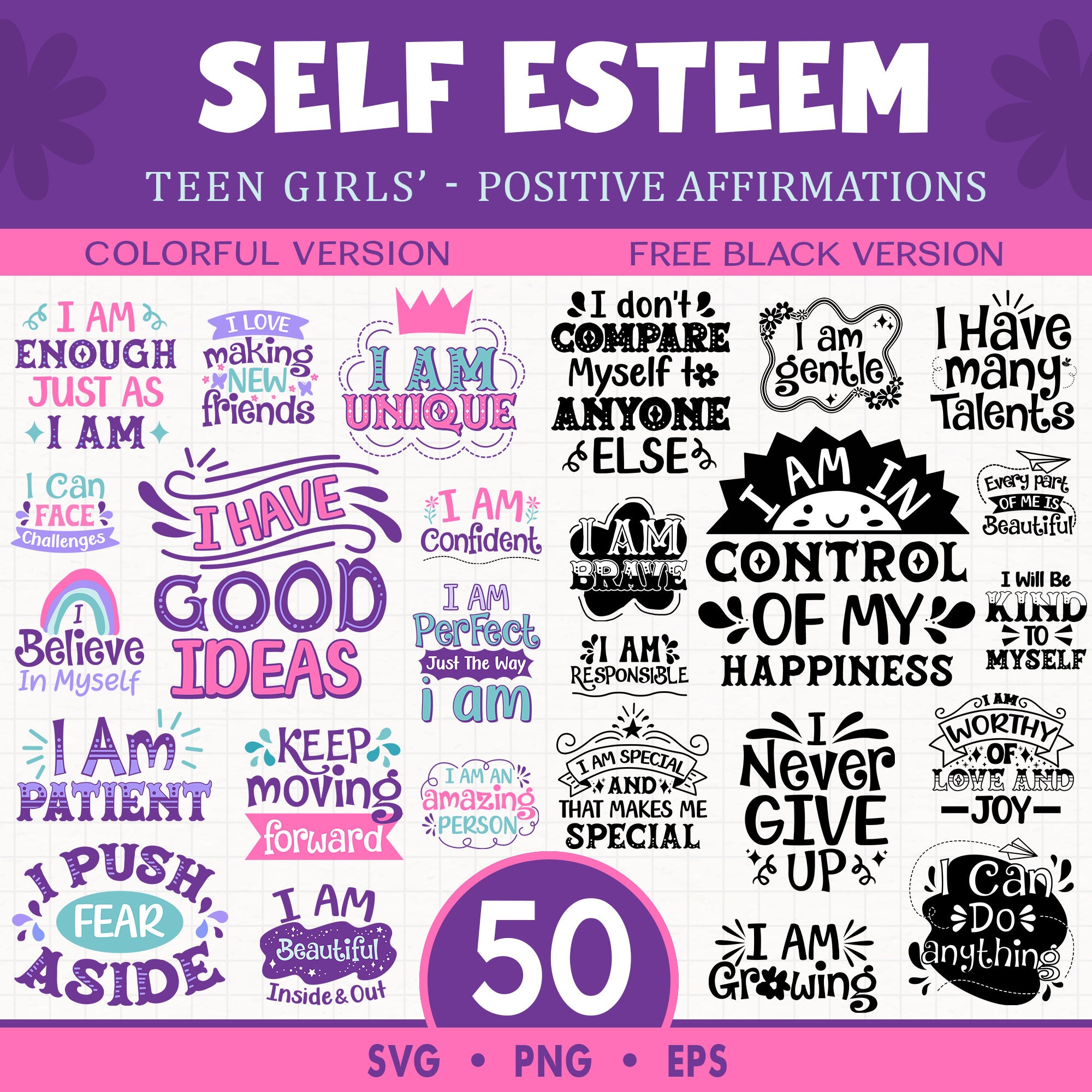 Teen Girl Self-esteem Quotes SVG Bundle: Positive Affirmations (digital ...
