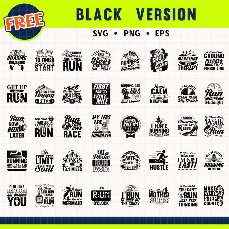 Running Quotes SVG Bundle, Colorful and Black Version, 40 PNG for ...