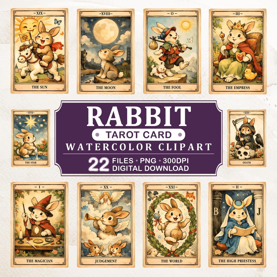Rabbits Tarot Cards Watercolor Clipart, 22 PNG Cute Mystic Bunny, Tarot ...
