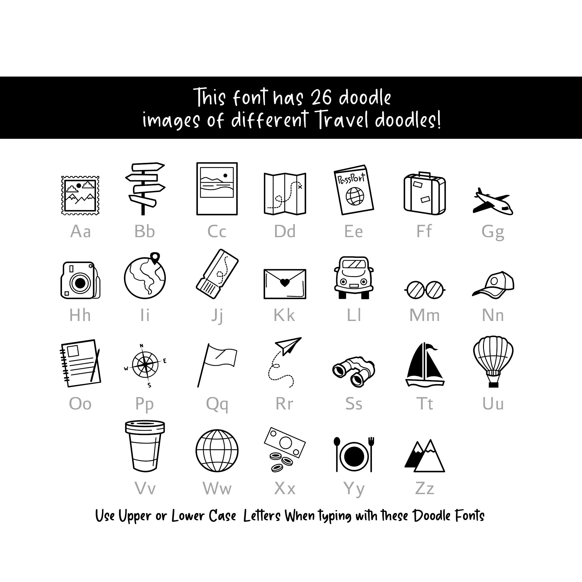 Travel Doodle Fonts, Instant File Otf, Ttf Font Download, Digital Font ...