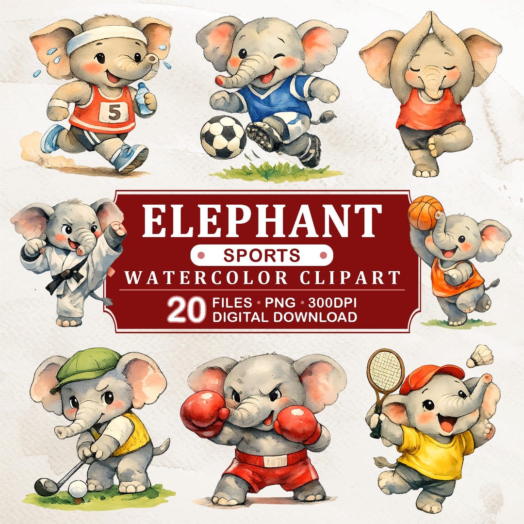 Sports Elephants Watercolor Clipart | Athletic Animals PNG (digital ...