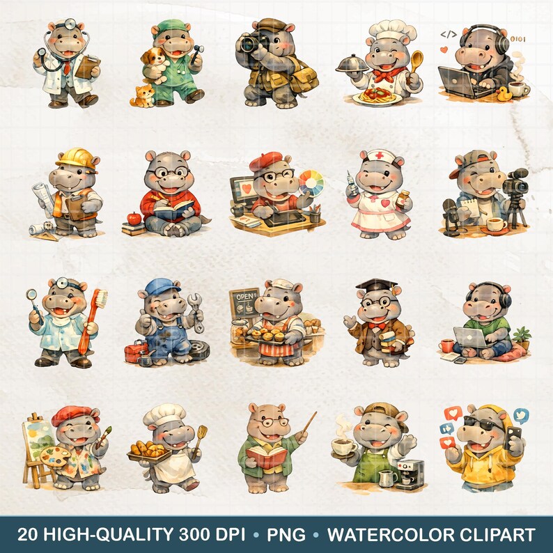 Hippo Occupation Watercolor Clipart, 20 PNG Animal Profession Graphics ...