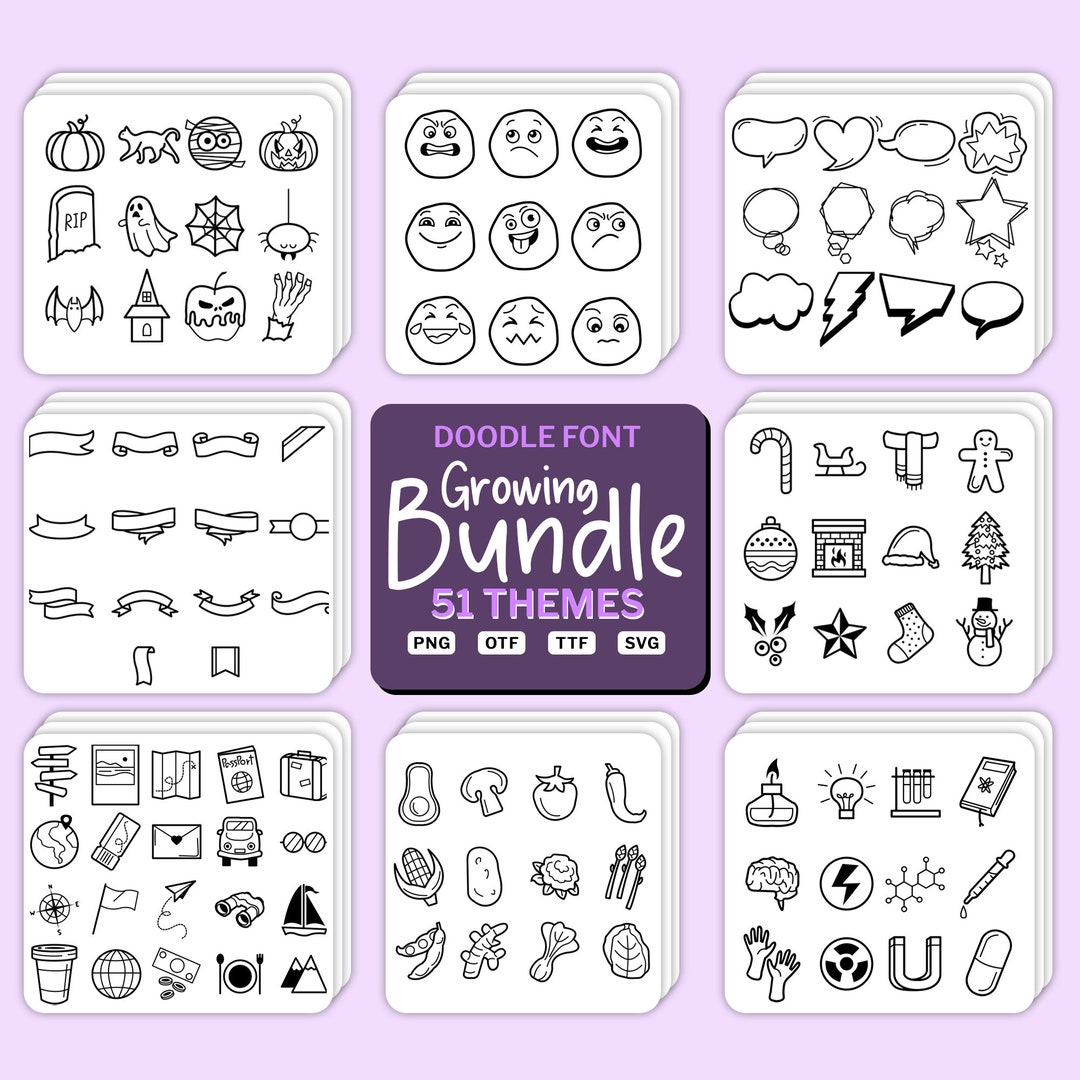 1,000 Doodle Font Growing Bundle With 51 Themes, Instant File Otf, Ttf ...
