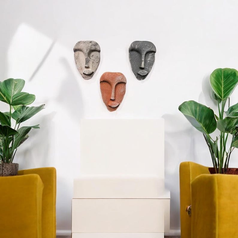 Handmade Stone Sculpture Abstract Face Mask 3-piece Set, Handpainted ...