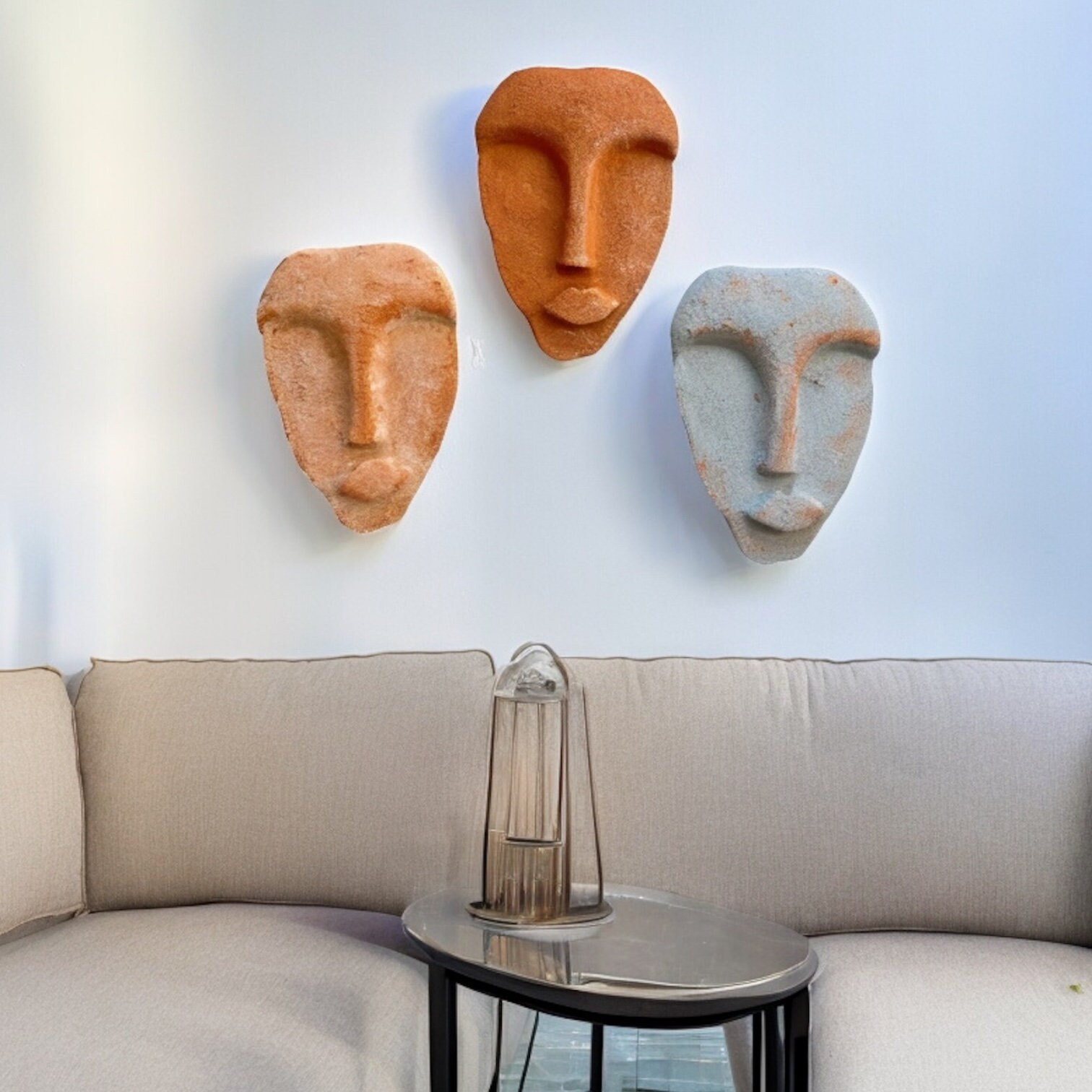 Handmade Stone Sculpture Abstract Face Mask 3-piece Set, Modern ...