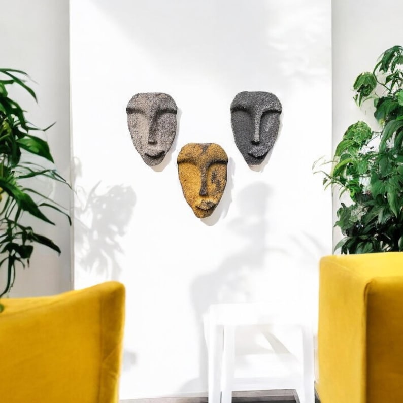 Handmade Stone Sculpture Abstract Face Mask 3-piece Set, Handpainted ...
