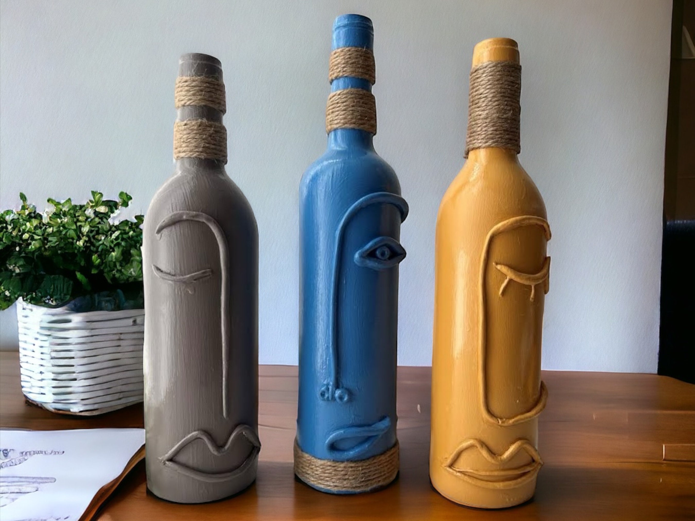 Handmade Decorative Bottles Set of 3, Woman Face Pattern Decorative ...