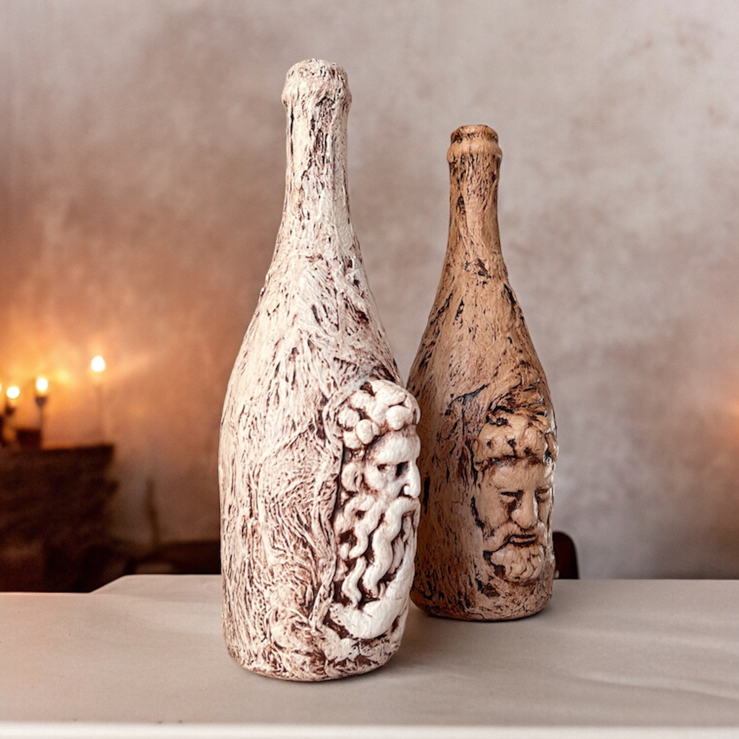 Handmade Set of 2 Distressed Wine Bottles With Sculptures of Zeus and ...