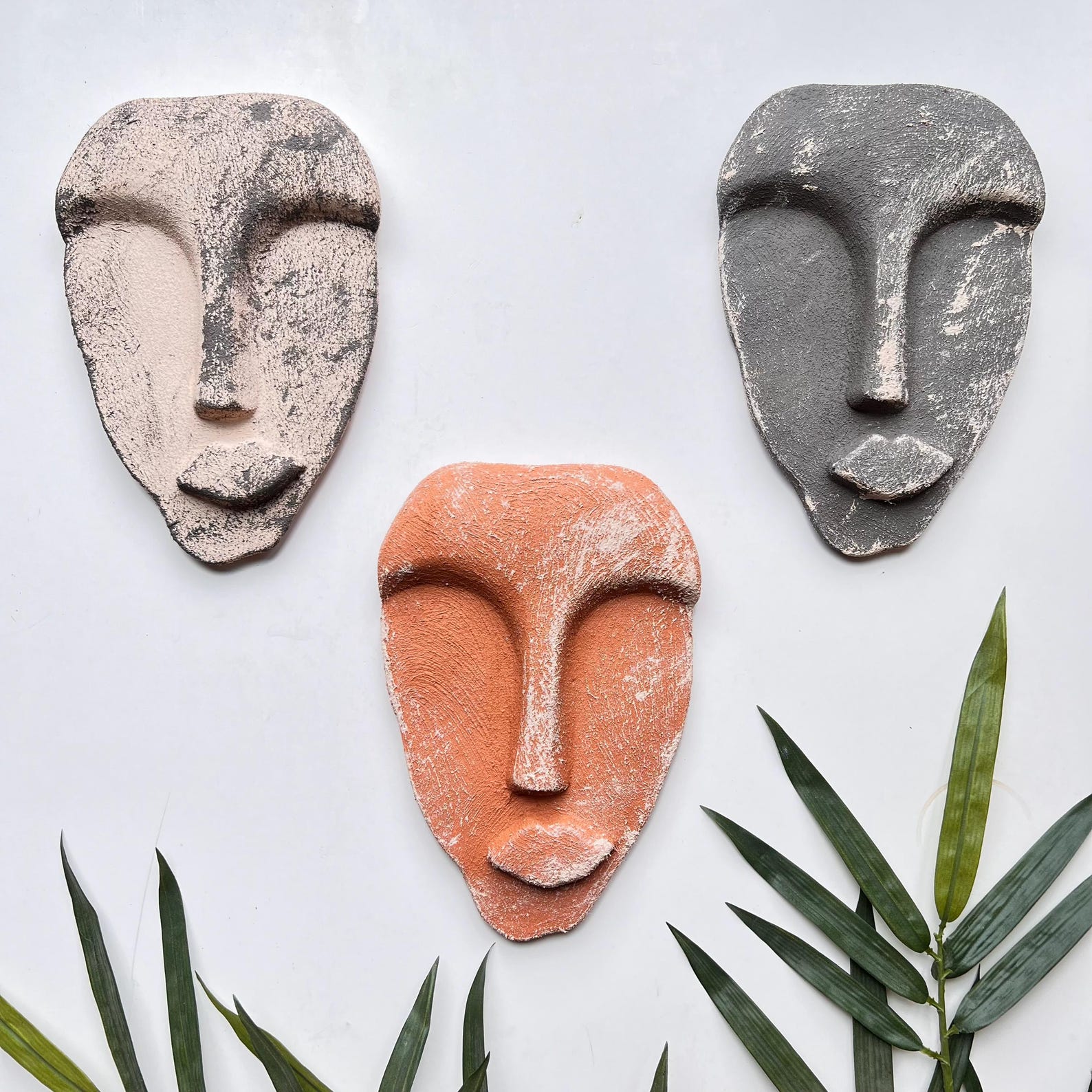 Handmade Stone Sculpture Abstract Face Mask 3-piece Set, Handpainted ...
