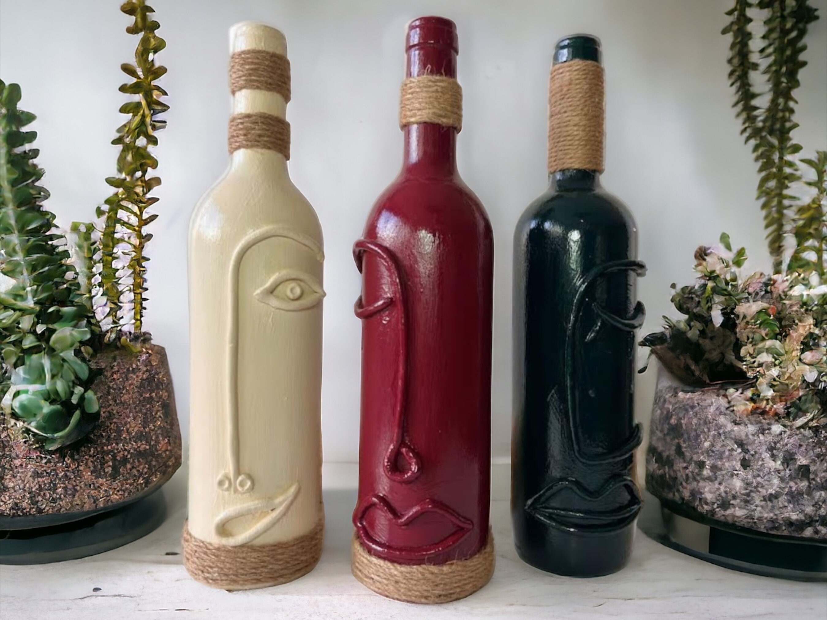 Handmade Decorative Bottles Set of 3, Woman Face Pattern Decorative ...