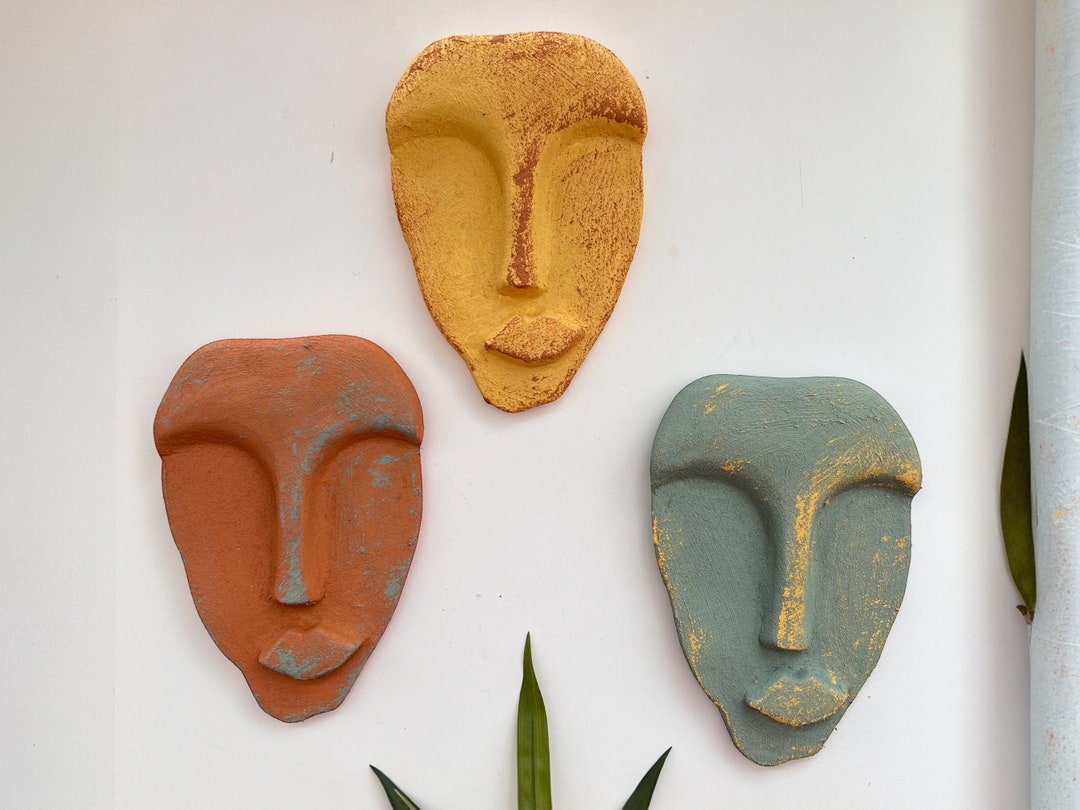 Handmade Stone Sculpture Abstract Face Mask 3-piece Set, Modern ...