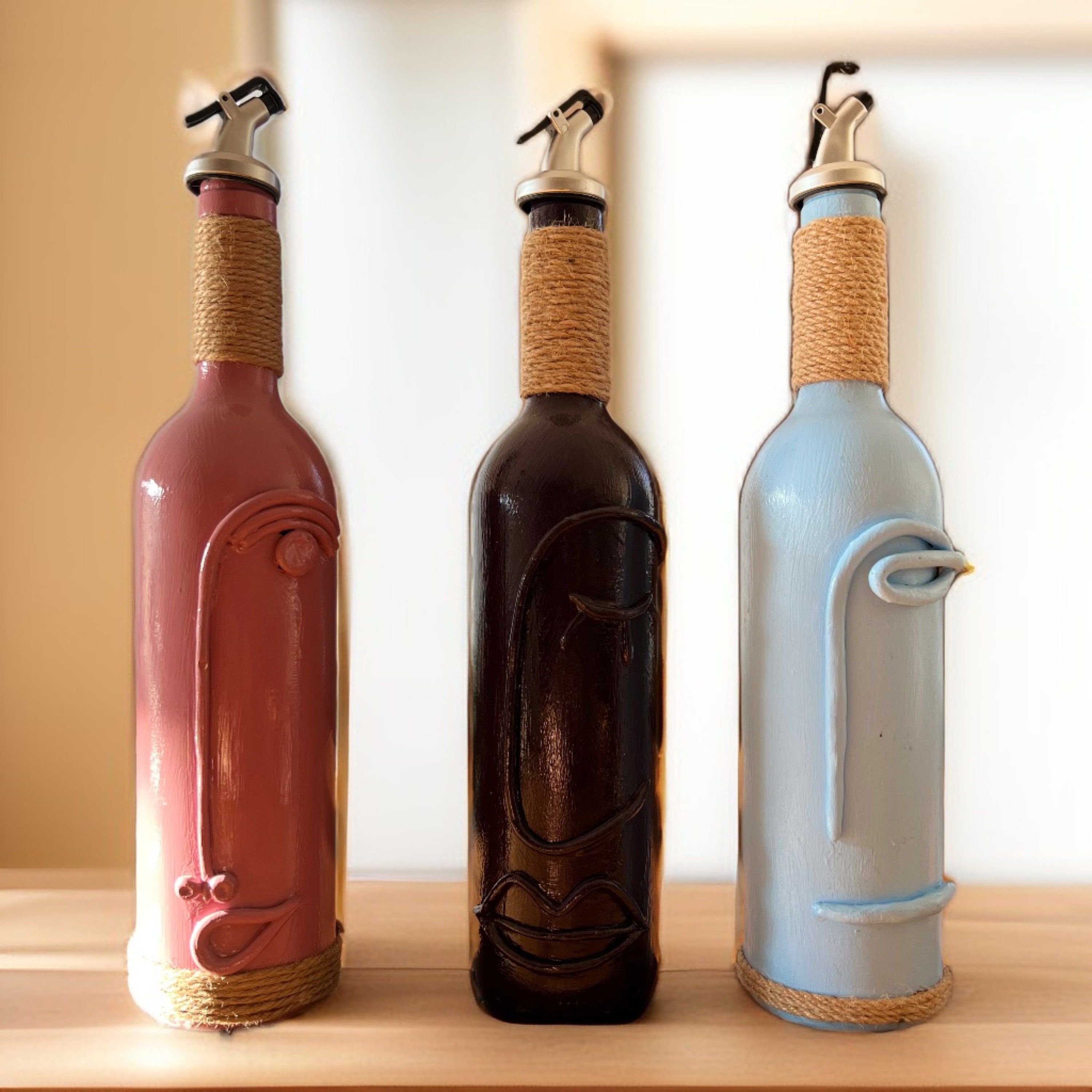 Handmade Decorative Glass Wine Bottle Decorations Set of 3, Woman Face ...