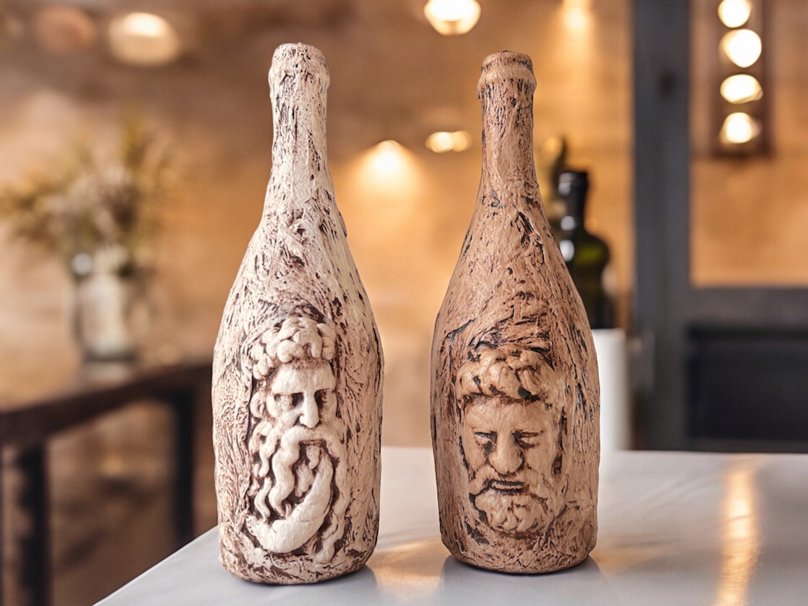Handmade Set of 2 Distressed Wine Bottles With Sculptures of Zeus and ...