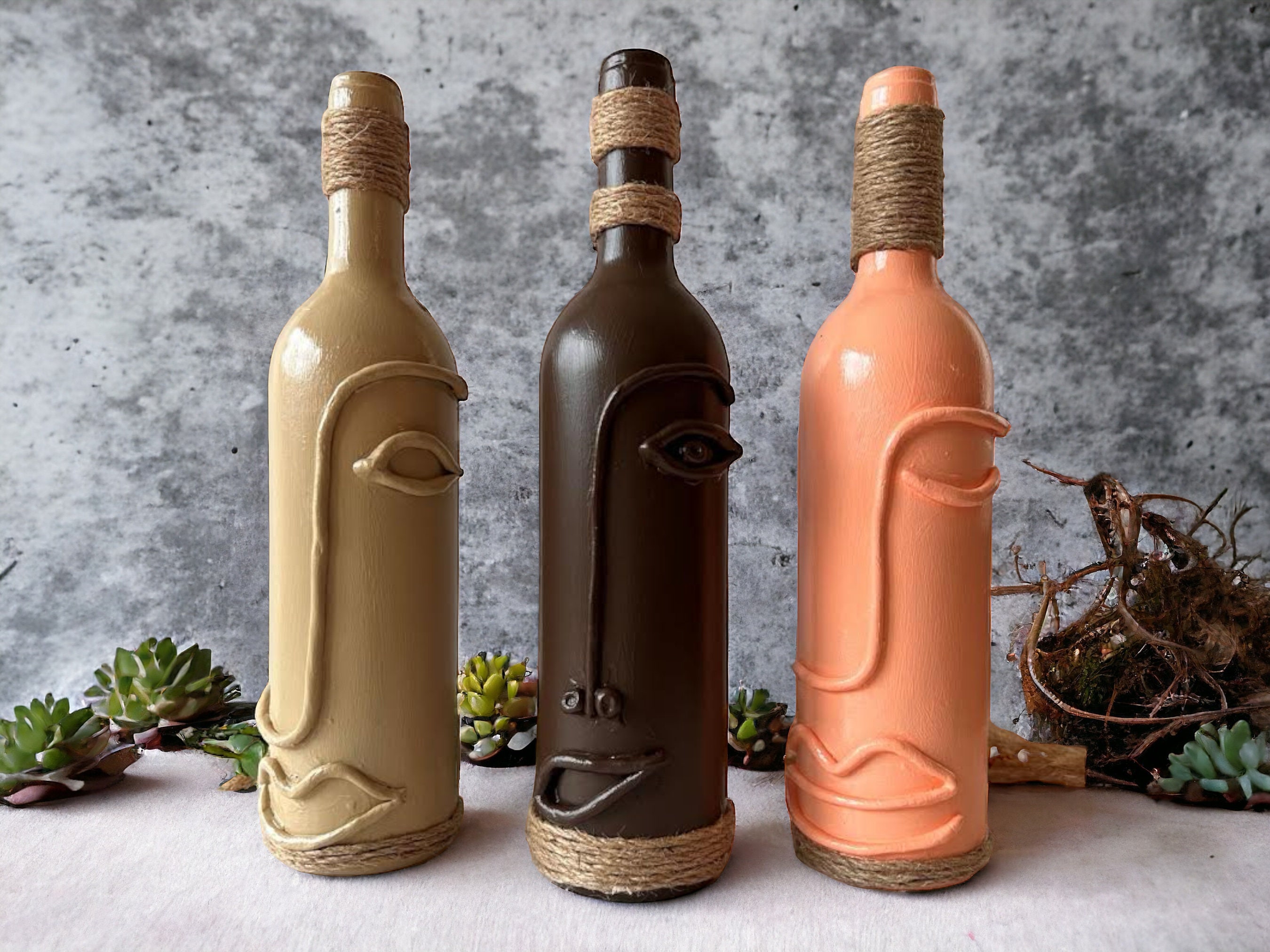 Handmade Decorative Bottles Set of 3, Woman Face Pattern Decorative ...