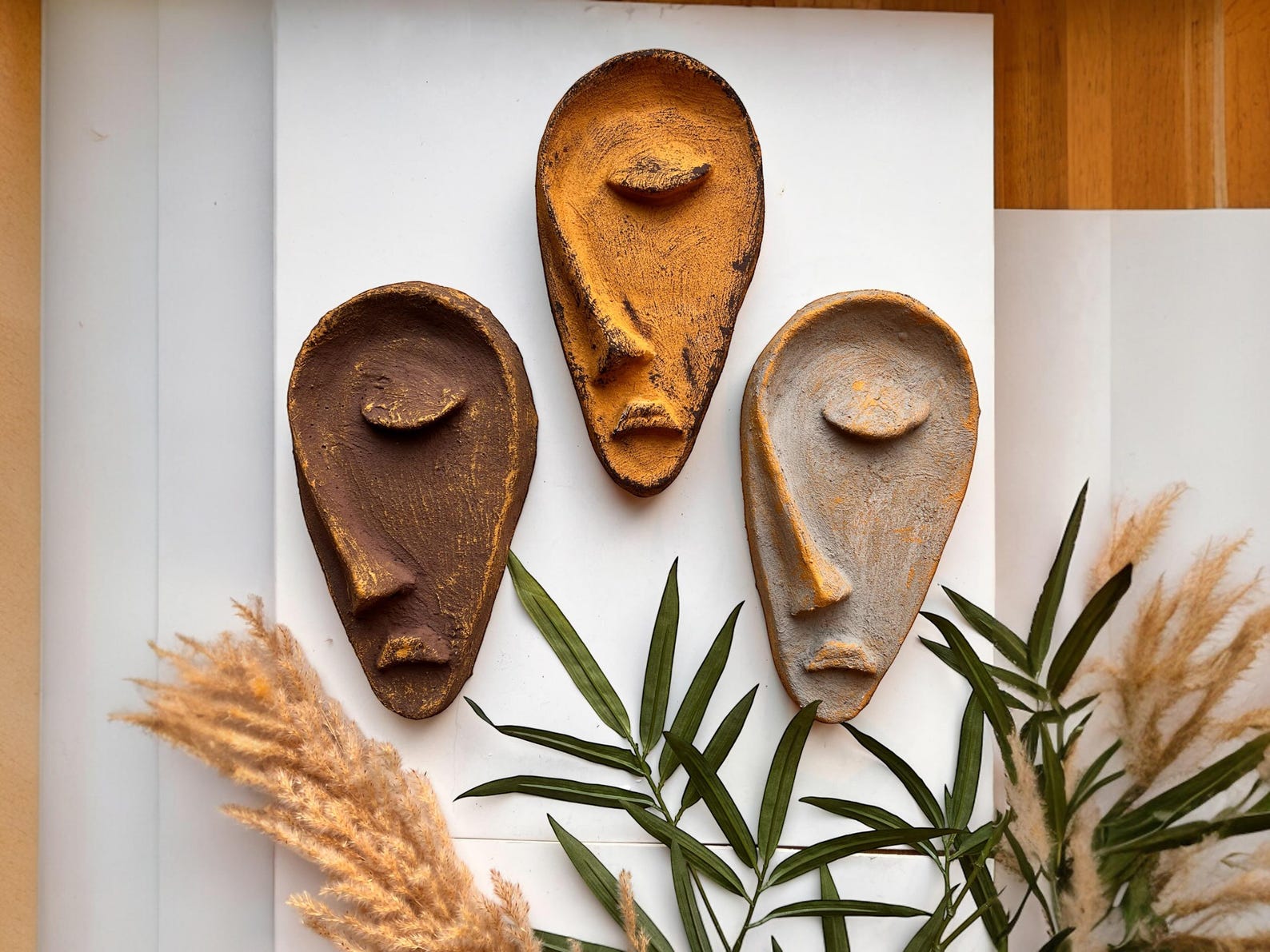 Handmade Abstract Stone Sculpture Half-face Wall Mask Set, Modern Wall ...