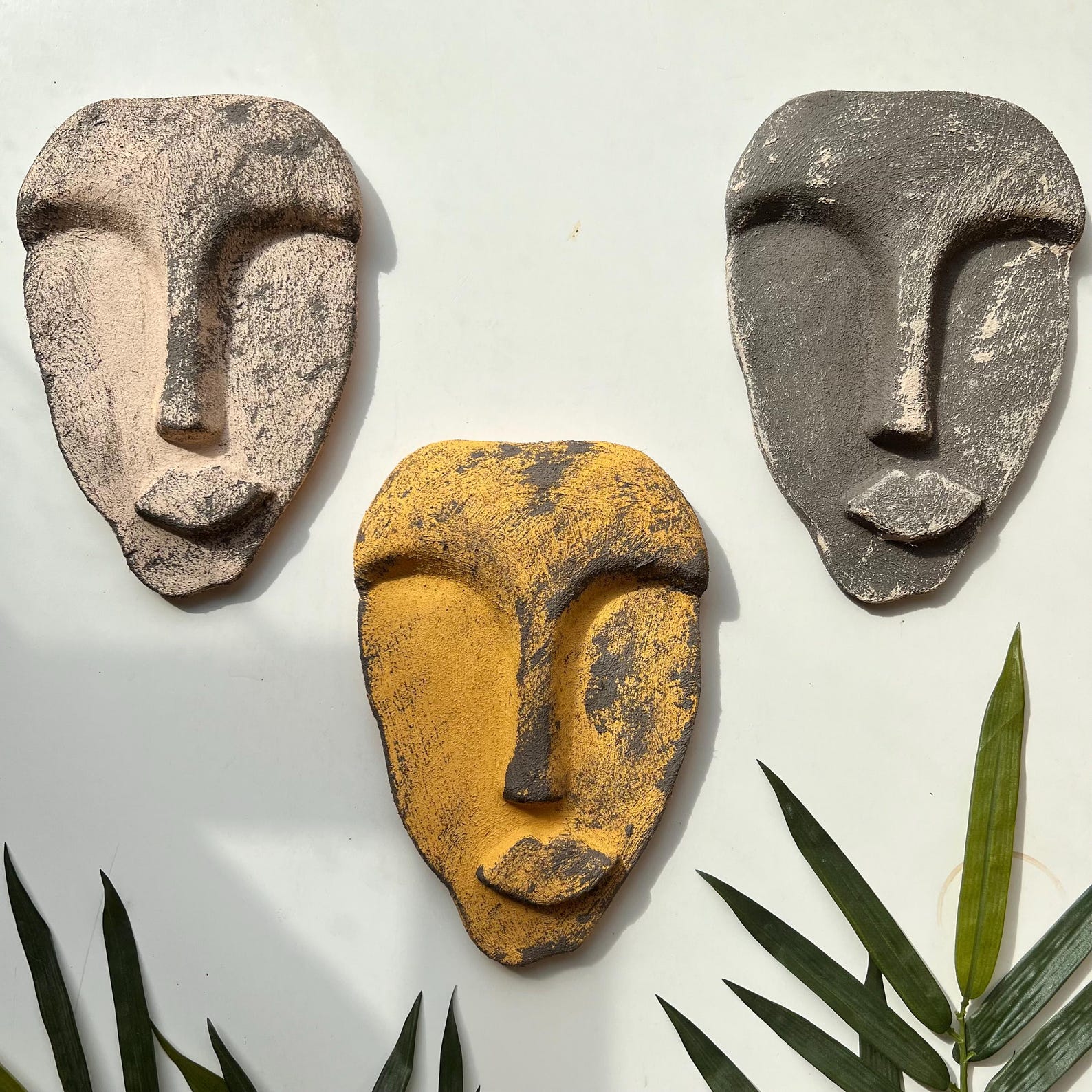 Handmade Stone Sculpture Abstract Face Mask 3-piece Set, Handpainted ...