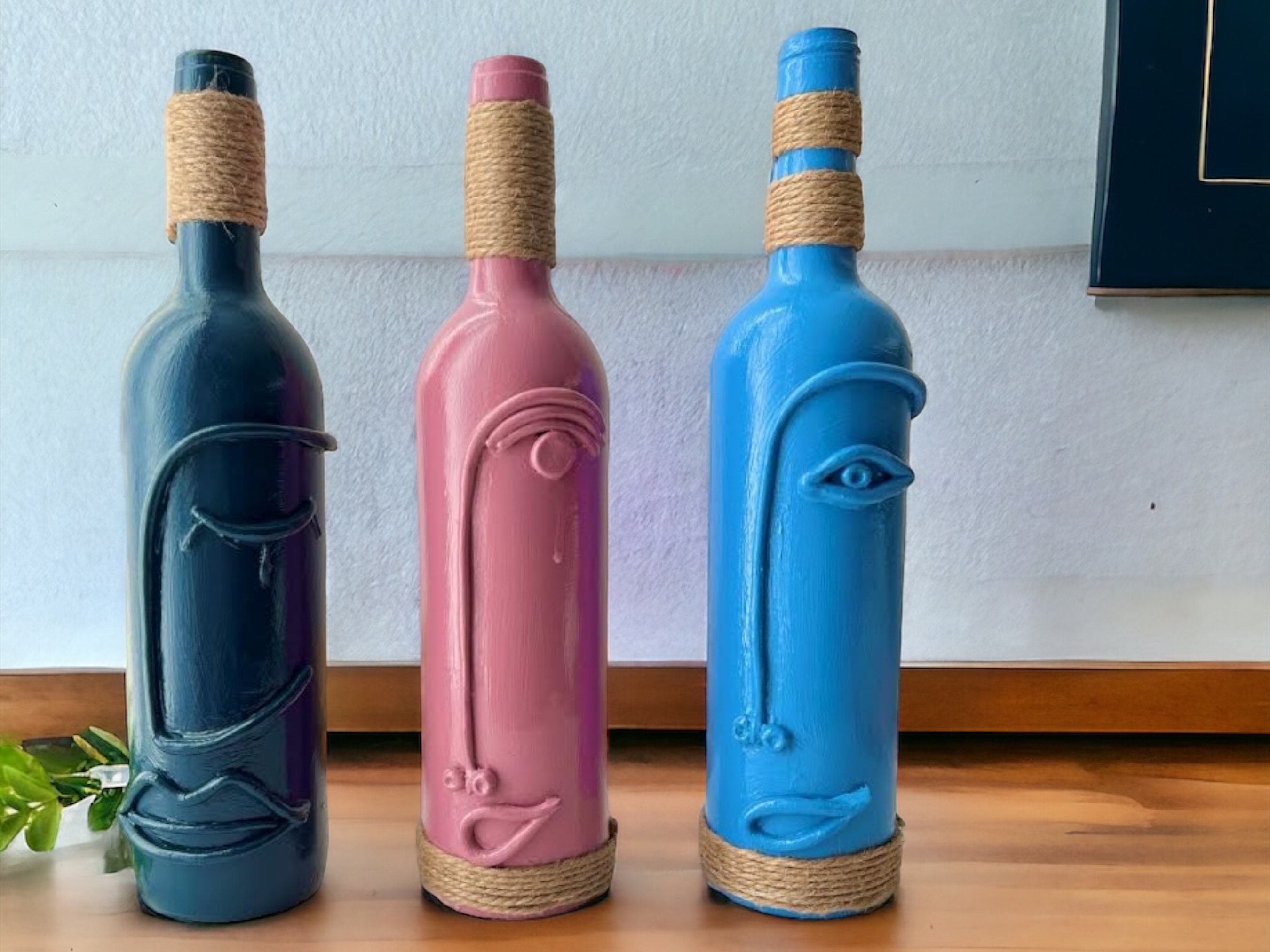 Handmade Decorative Bottles Set of 3, Woman Face Pattern Decorative ...