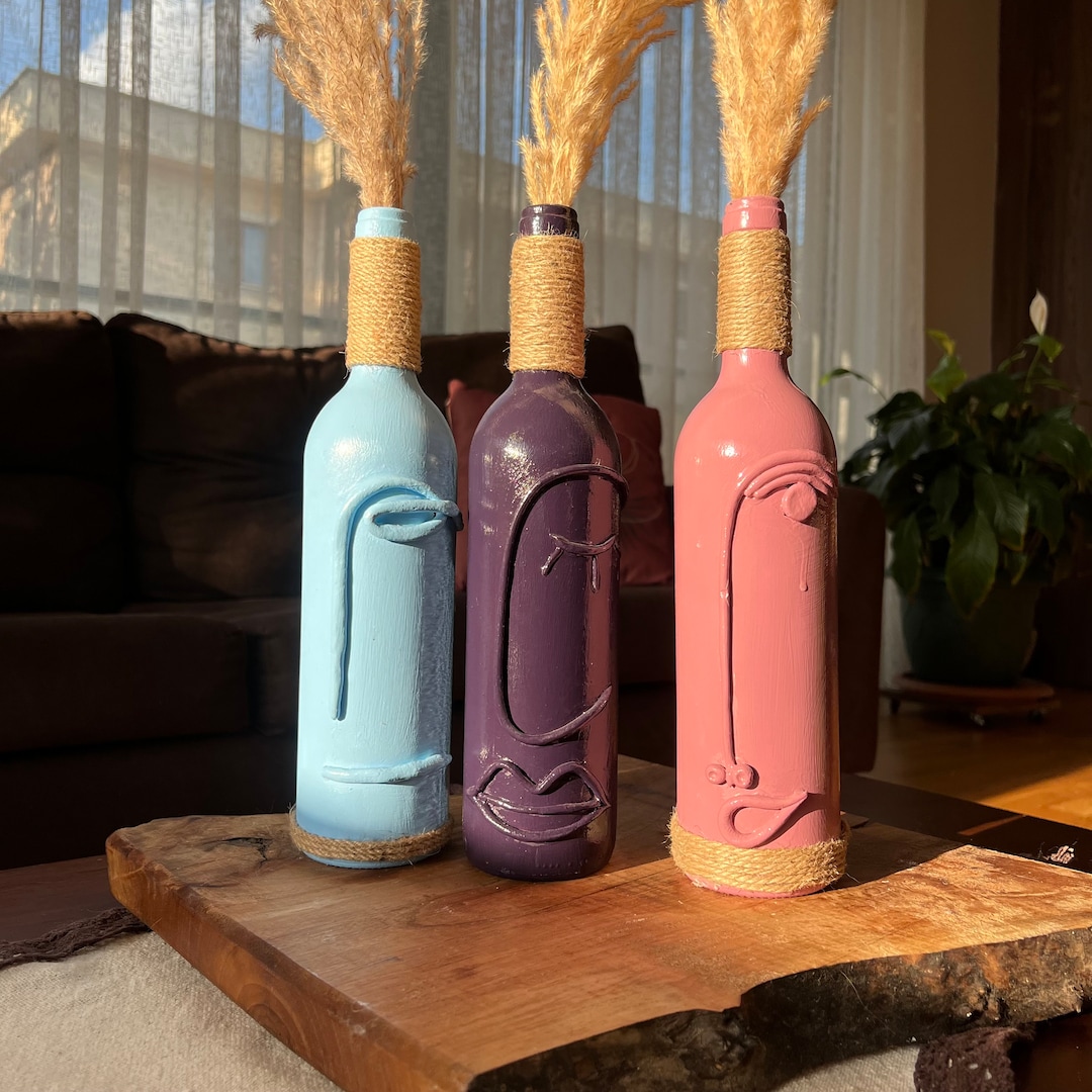 Handmade Decorative Glass Wine Bottle Decorations Set of 3, Woman Face ...