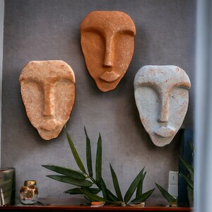 Handmade Stone Sculpture Abstract Face Mask 3-piece Set, Modern ...