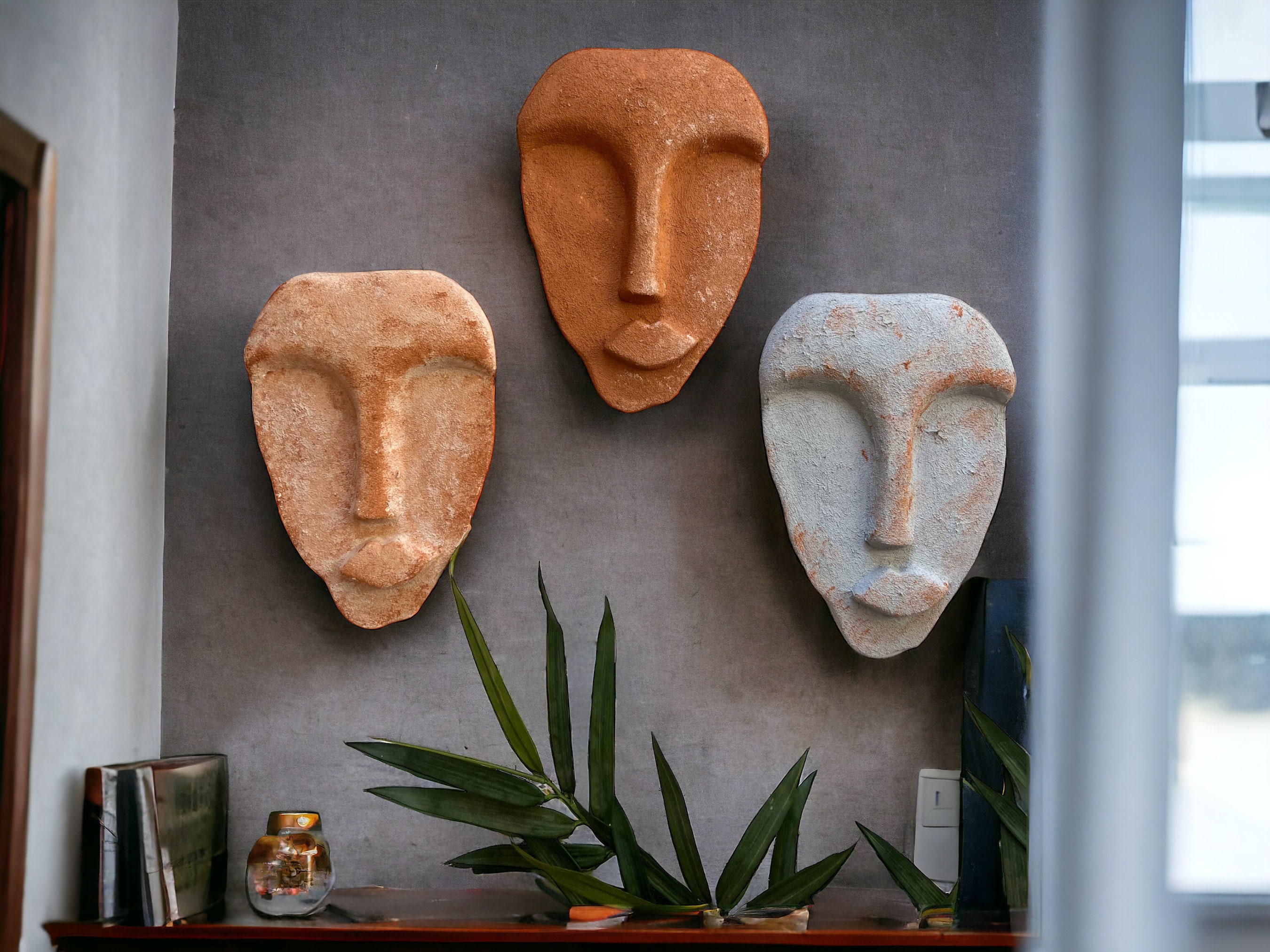 Handmade Stone Sculpture Abstract Face Mask 3-piece Set, Modern ...