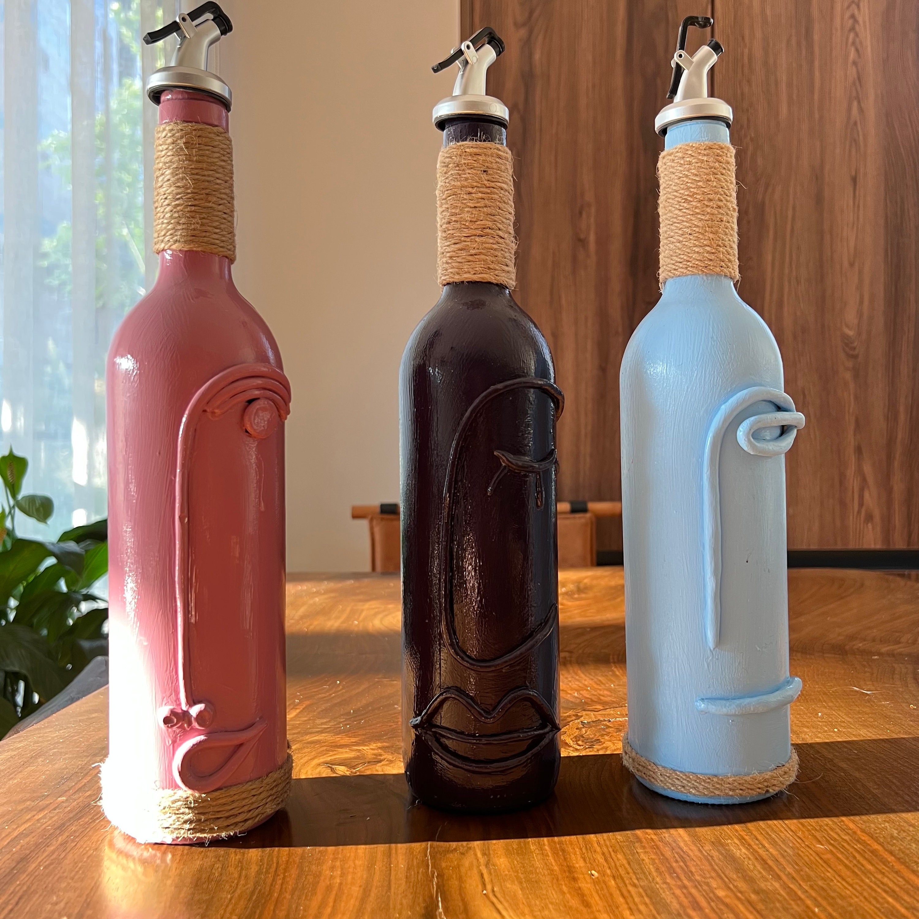 Handmade Decorative Glass Wine Bottle Decorations Set of 3, Woman Face ...