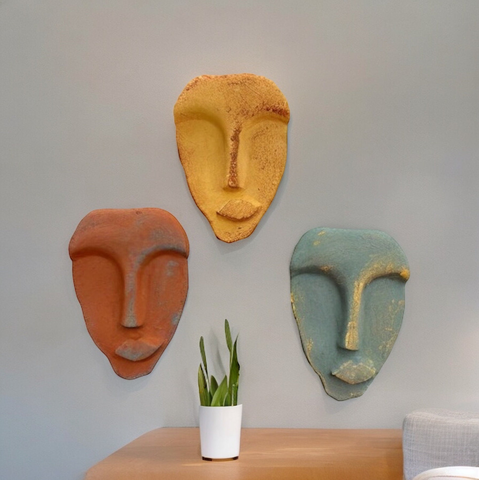 Handmade Stone Sculpture Abstract Face Mask 3-piece Set, Modern ...