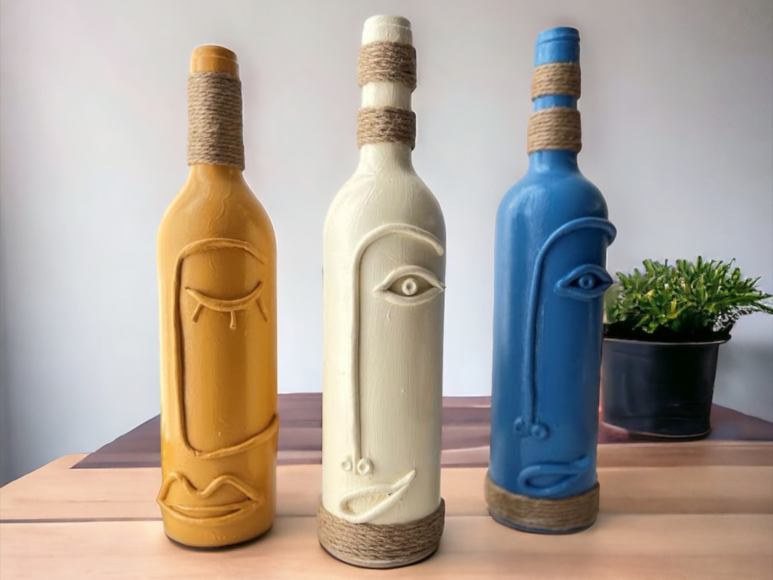 Handmade Decorative Bottles Set of 3, Woman Face Pattern Decorative ...