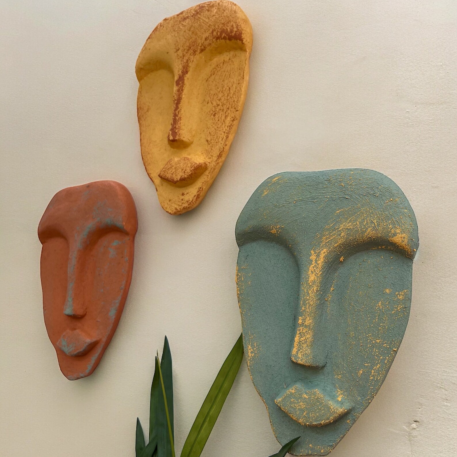Handmade Stone Sculpture Abstract Face Mask 3-piece Set, Modern ...